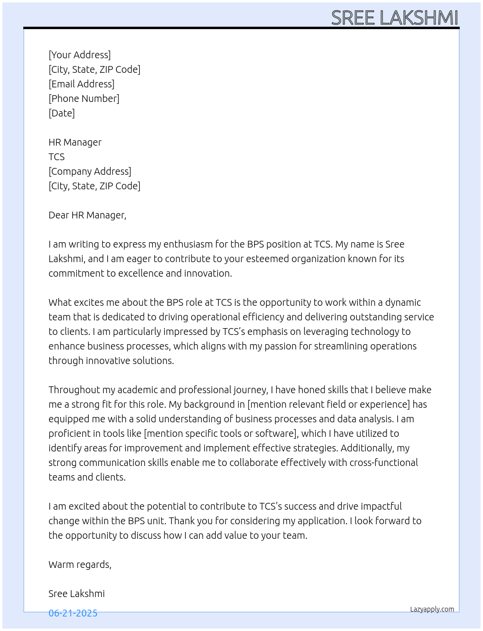 Cover letter for tcs - LazyApply