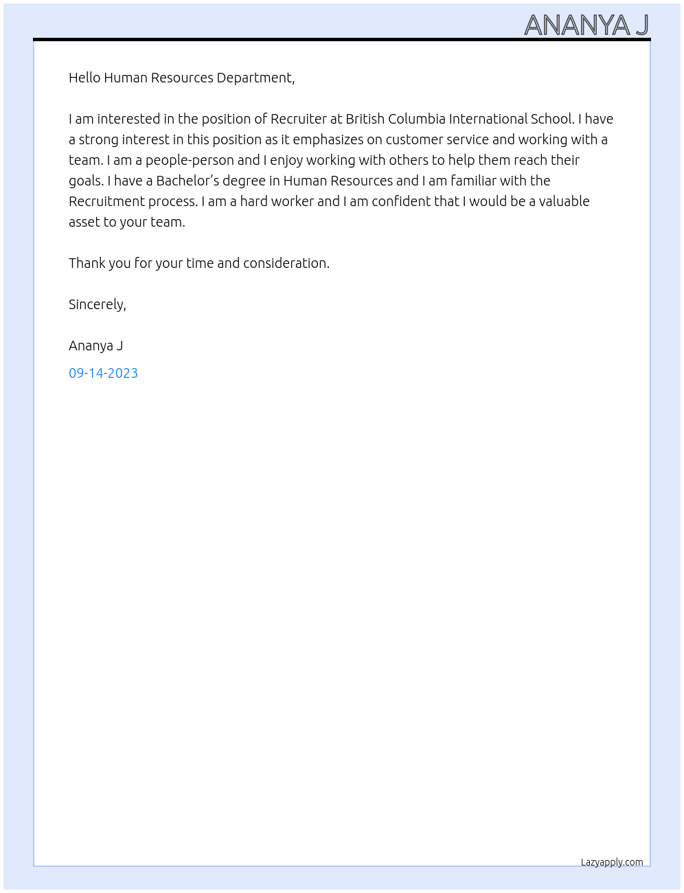 Cover letter for recruiter - LazyApply