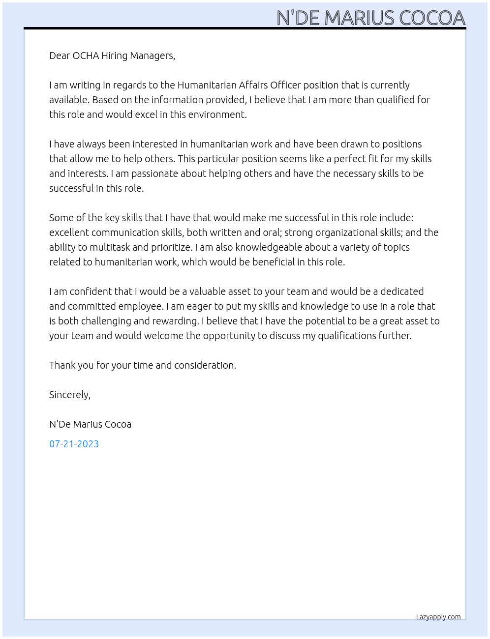Cover letter for humanitarian affairs officer - LazyApply
