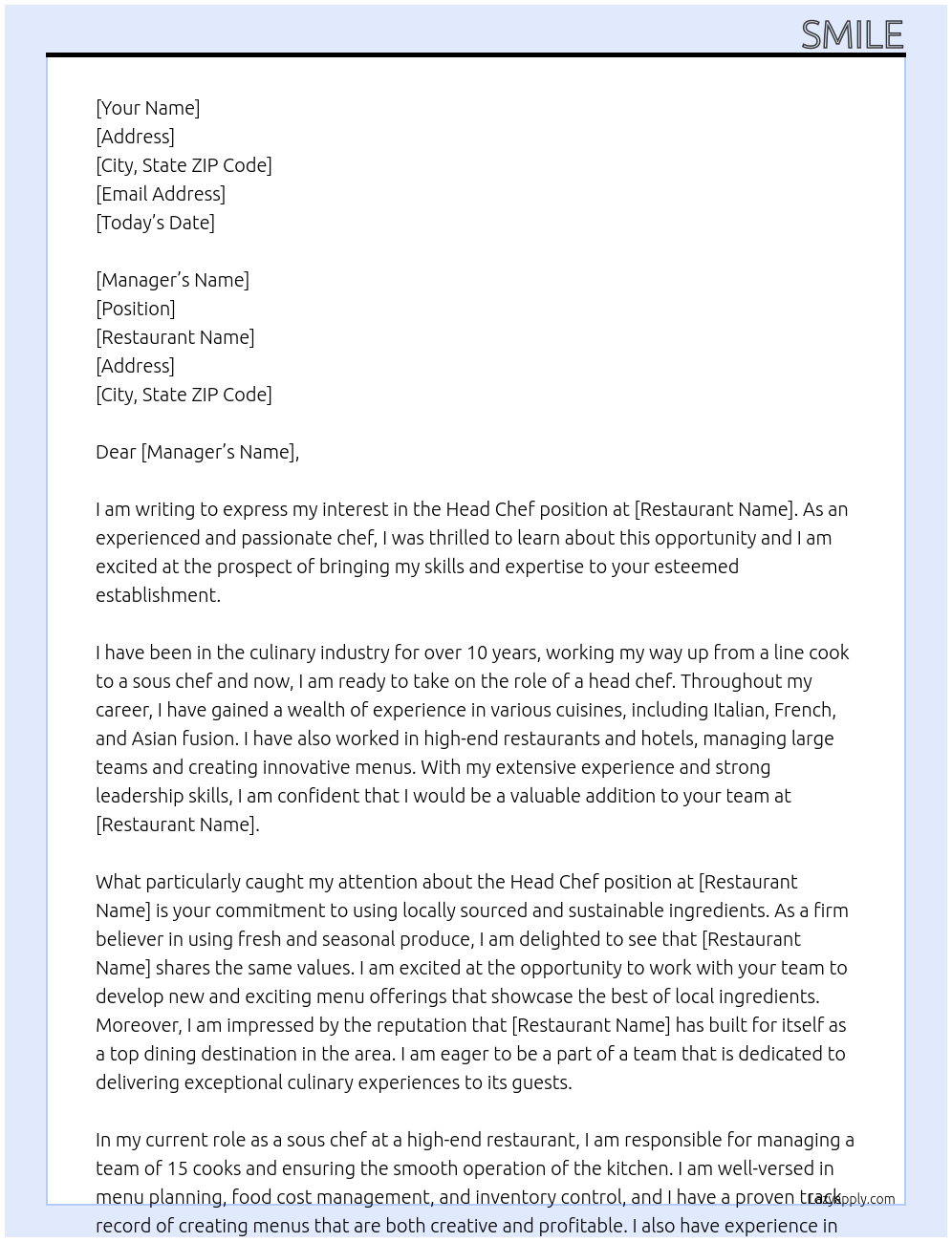 Cover letter for head chef - LazyApply