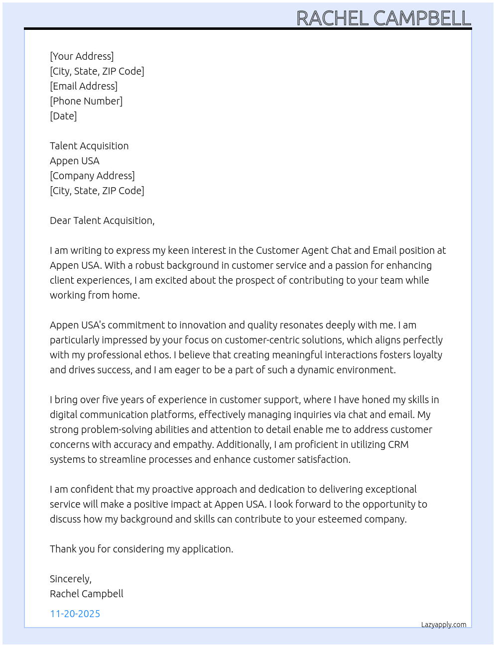 Cover letter for customer agent chat email wfh - LazyApply
