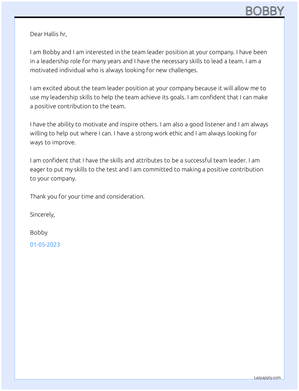 Cover Letter For Team Leader LazyApply