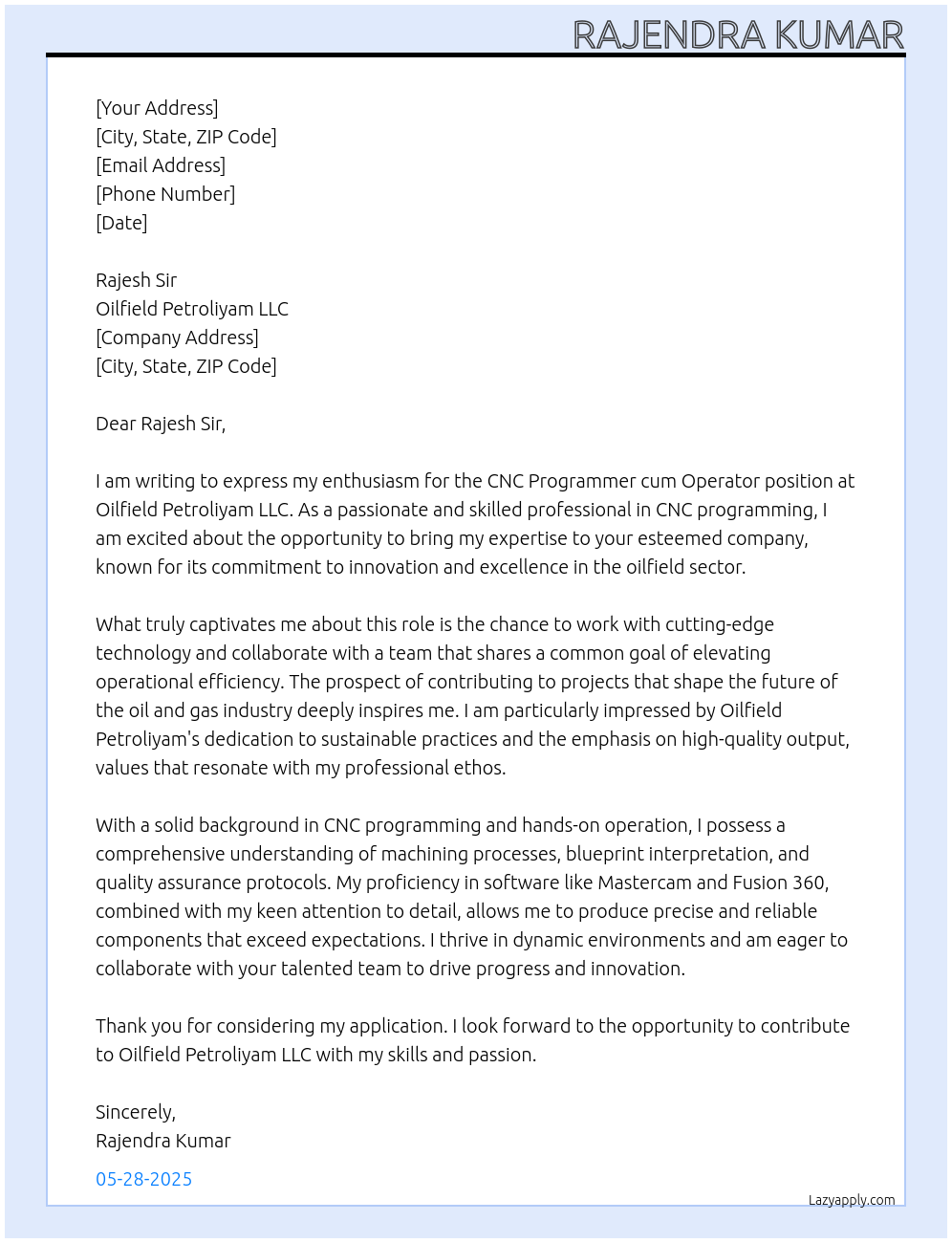 Cover letter for cnc programmer cum operator - LazyApply