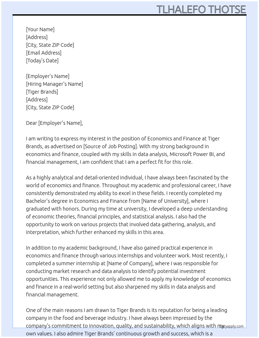 Cover letter for economics and finance - LazyApply