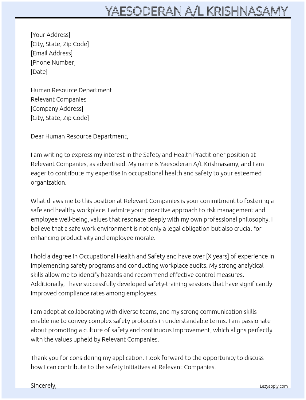 Cover letter for safety and health practitioner - LazyApply