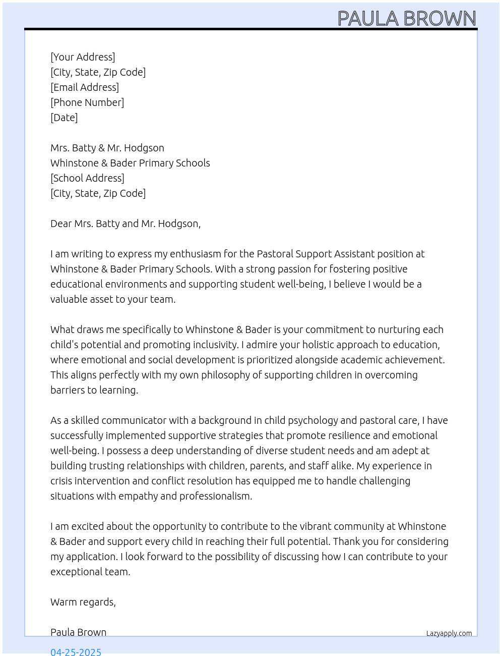 Cover letter for pastoral support assistant - LazyApply