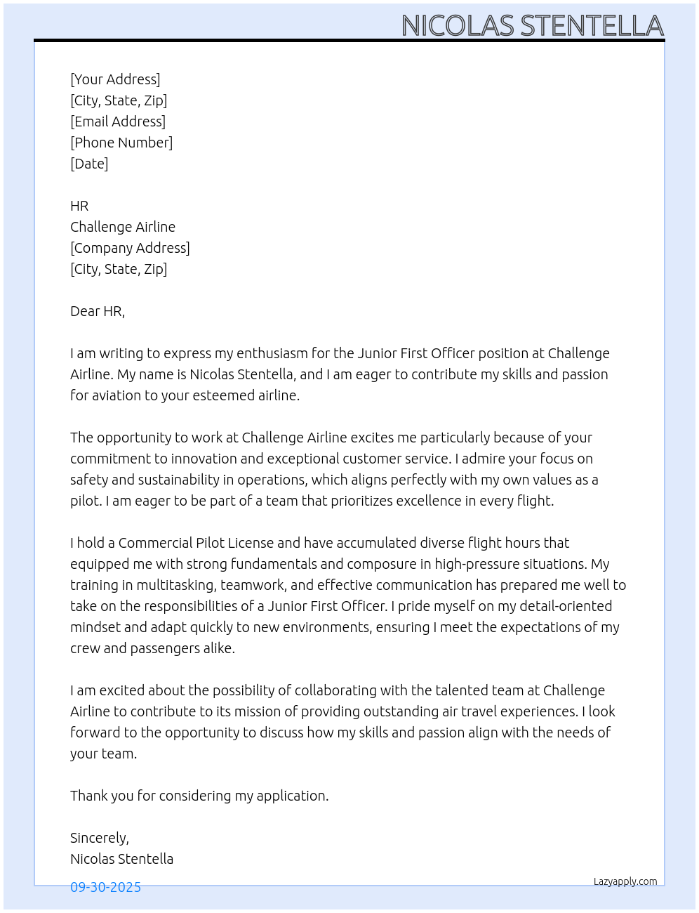 Cover letter for pilot junior first officer - LazyApply
