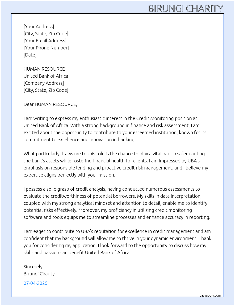 Cover letter for credit monitoring - LazyApply