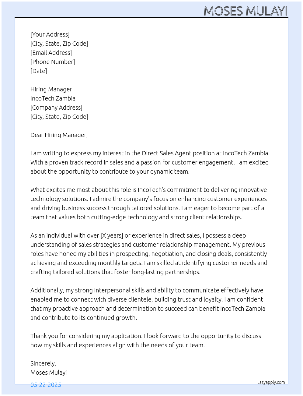 Cover letter for direct sales agent - LazyApply