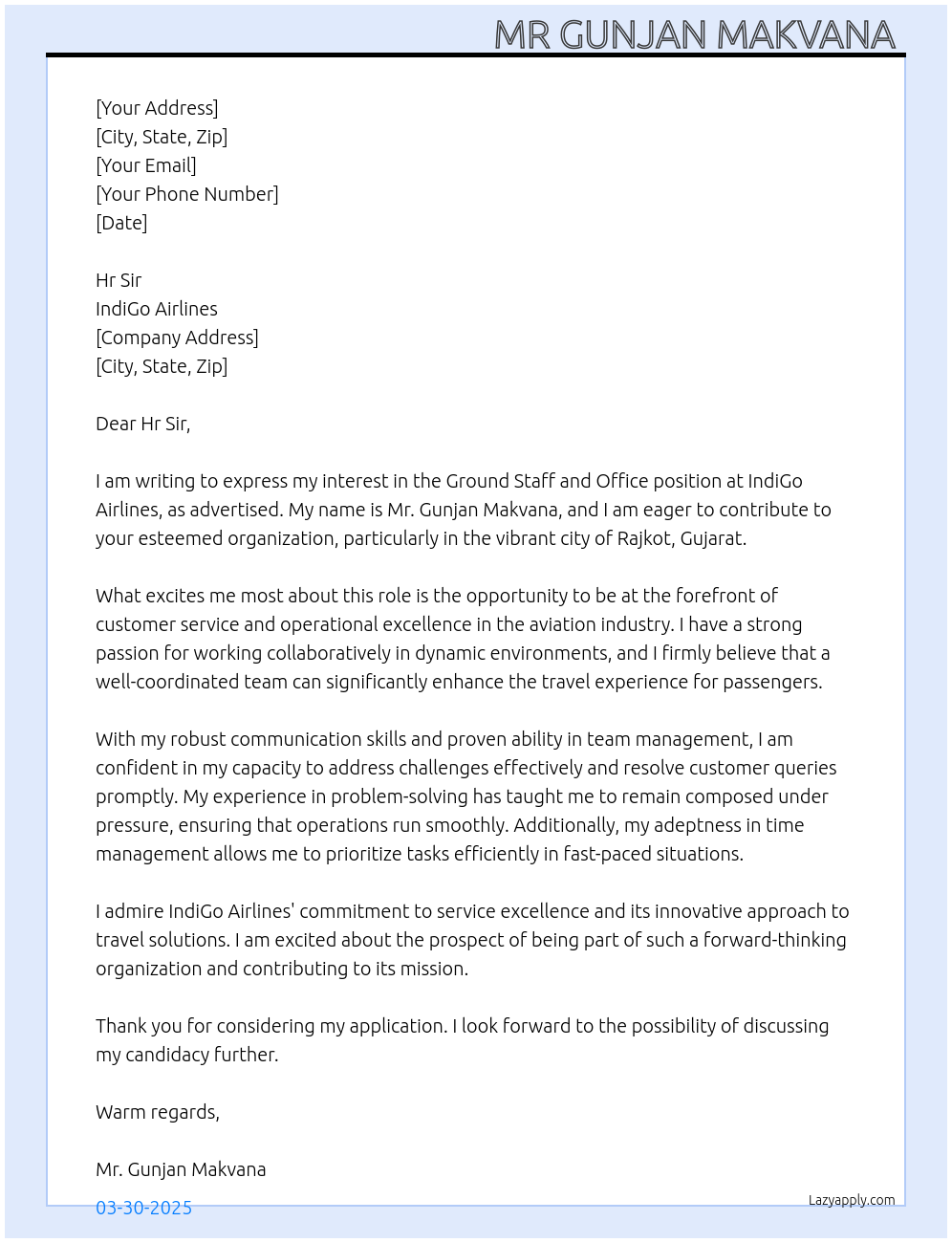 Cover letter for ground staff and office - LazyApply