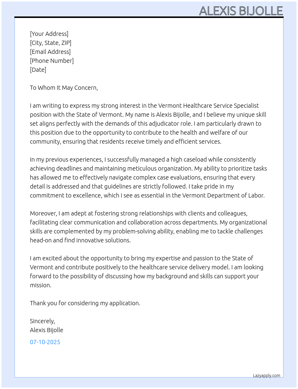 Cover letter for vermont healthcare service specialist - LazyApply