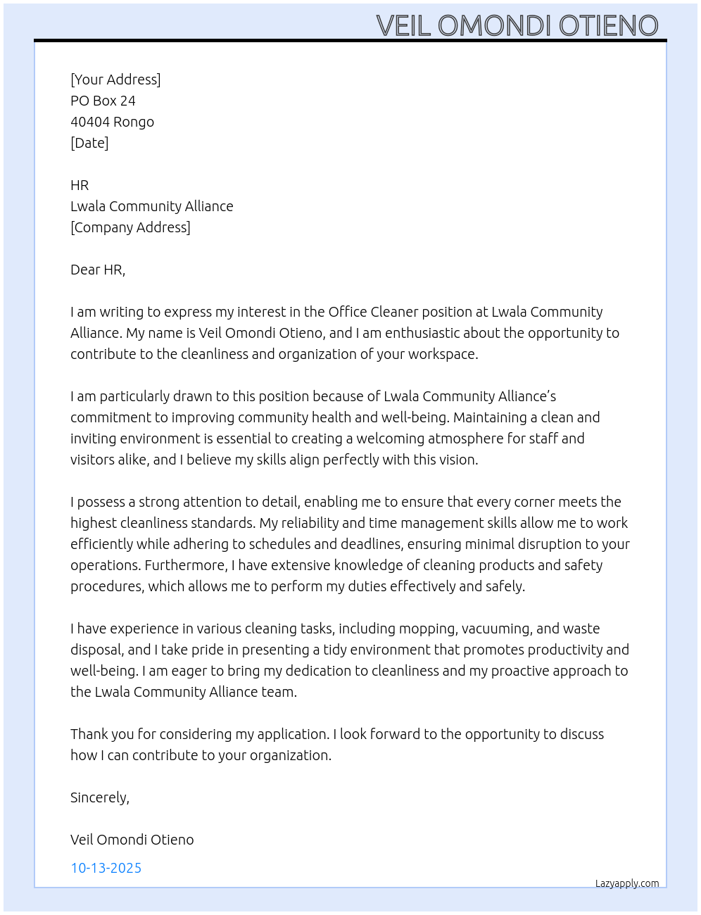 Cover letter for office cleaner - LazyApply