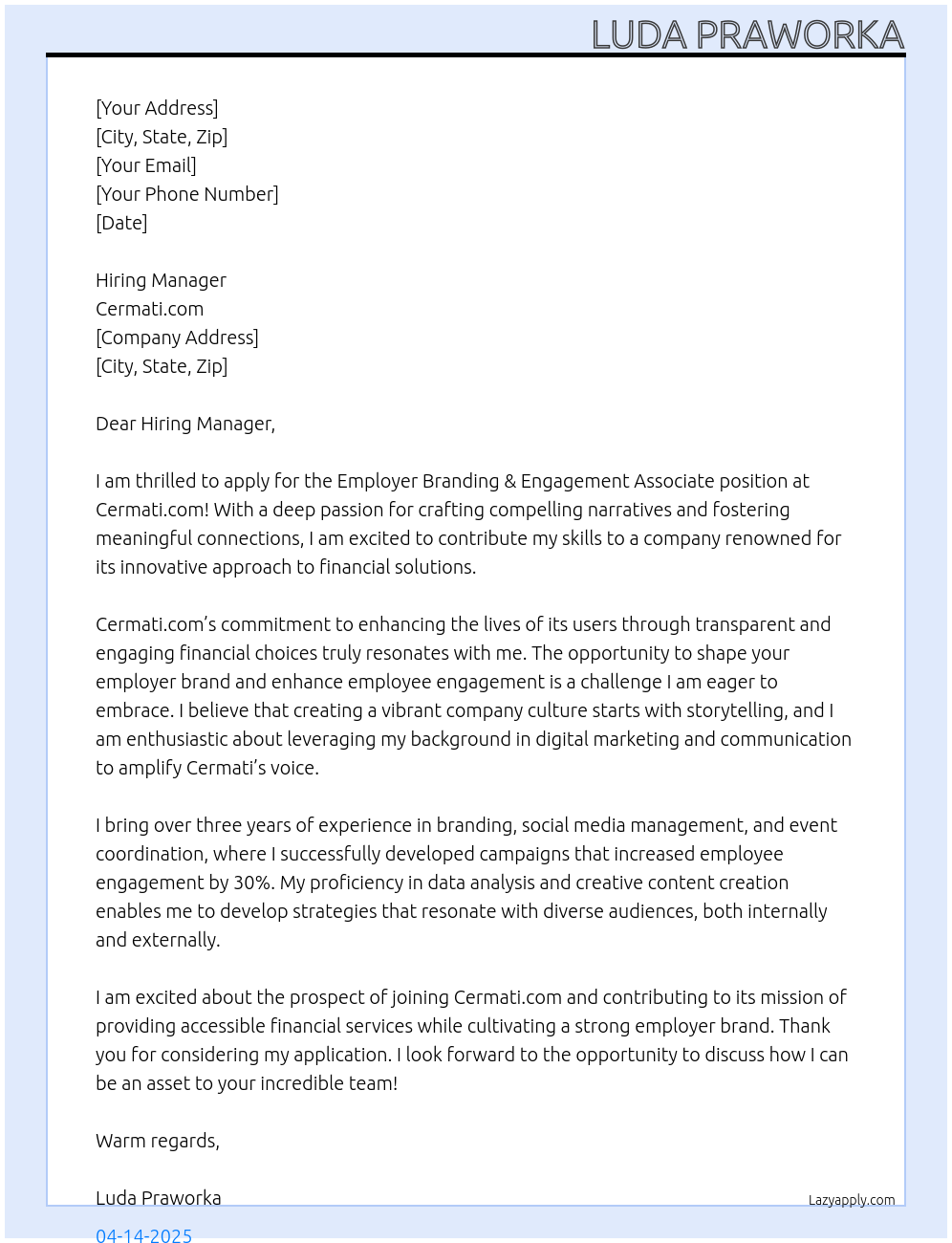 Cover letter for employer branding & engagement associate - LazyApply