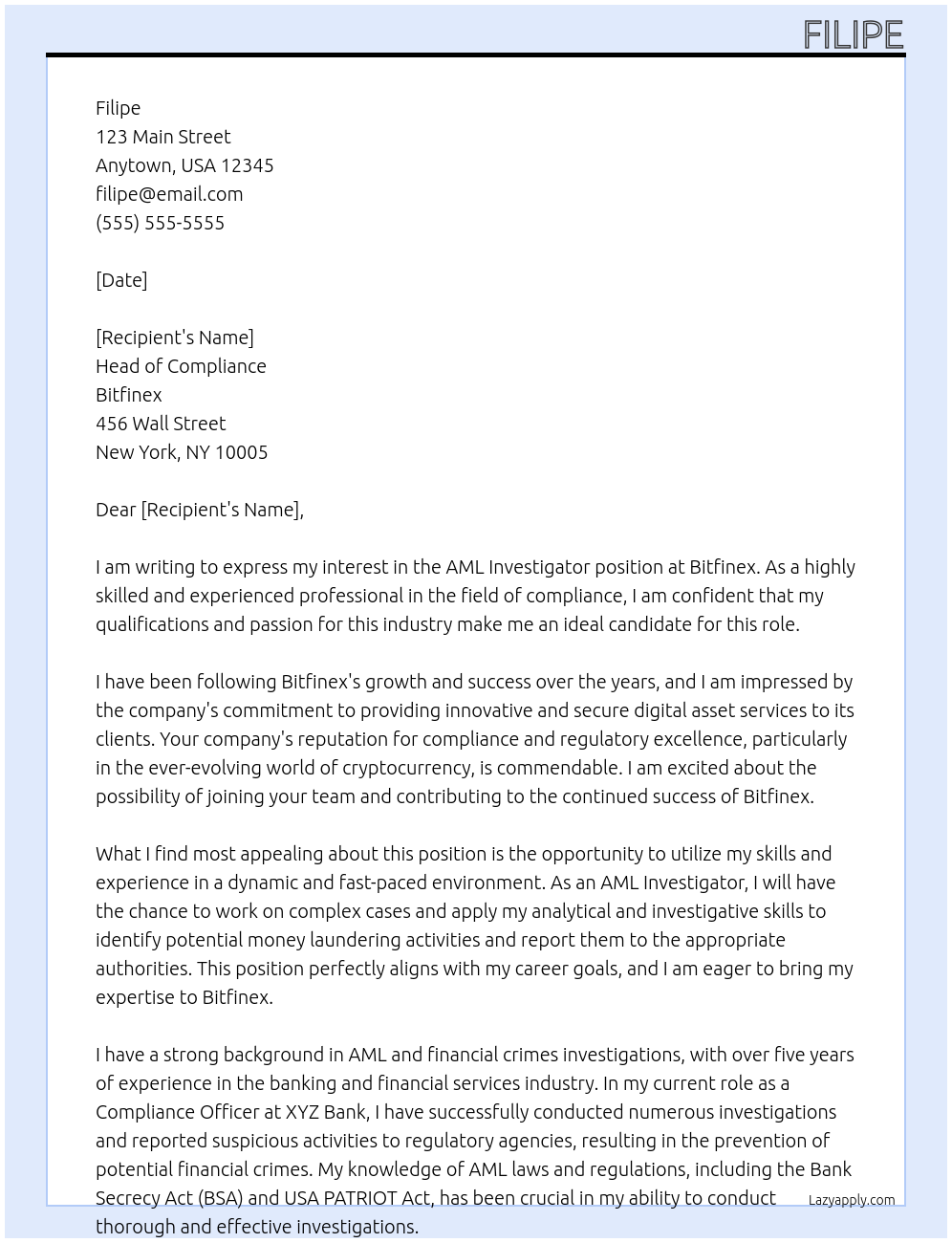 Cover letter for aml investigator - LazyApply
