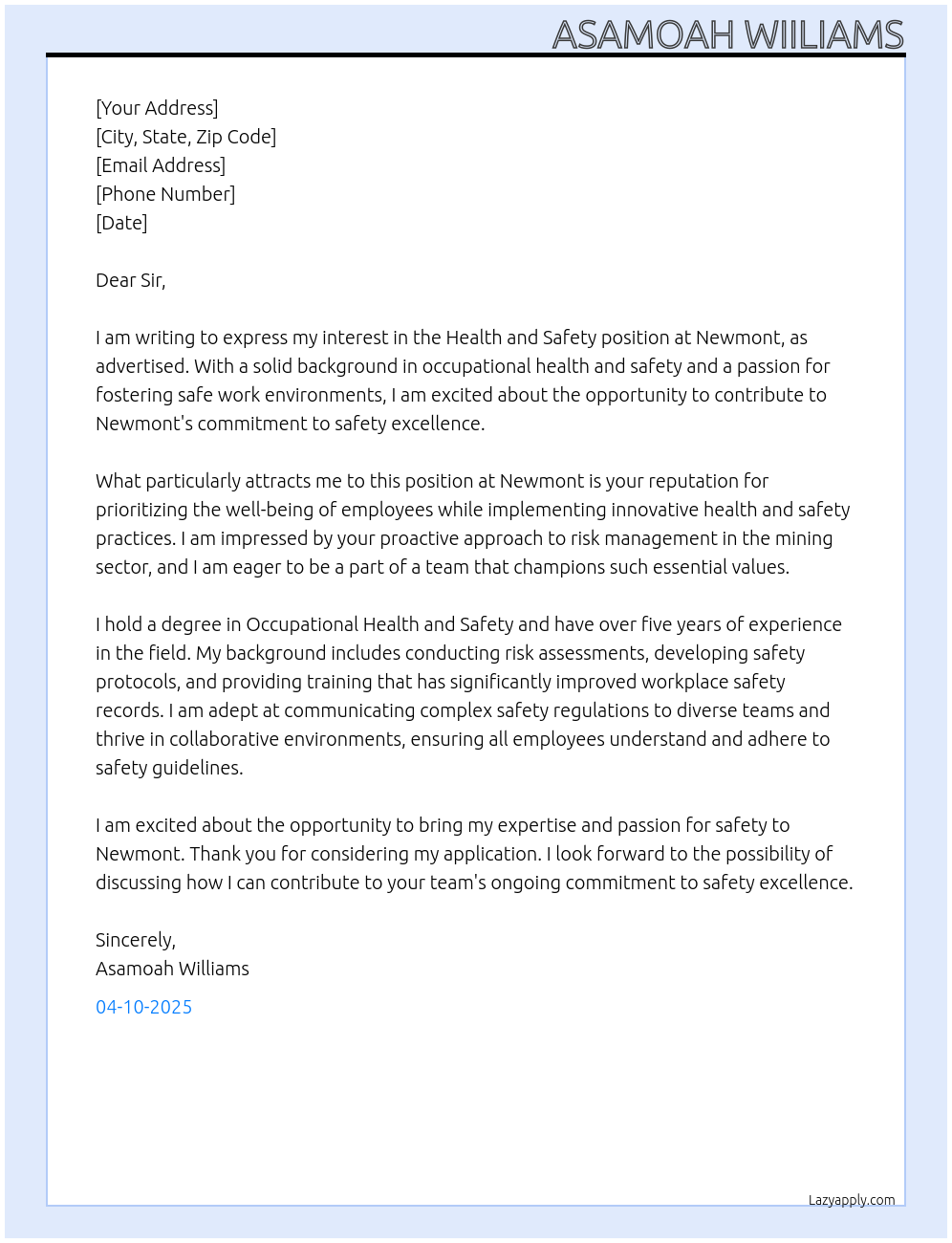 Cover letter for health and safety - LazyApply