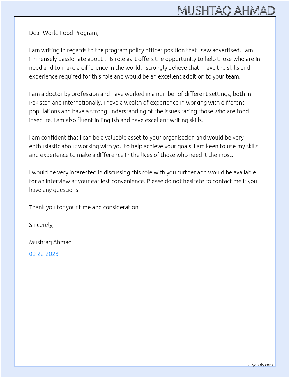 Cover letter for program policy officer - LazyApply