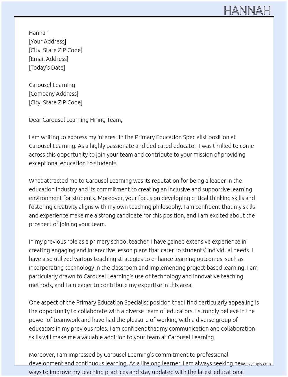 Cover letter for primary education speciallist - LazyApply