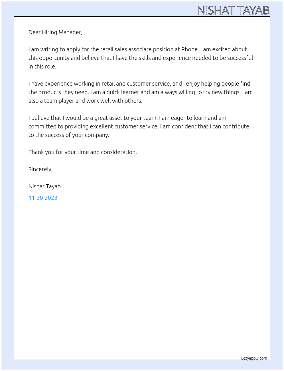 Cover letter for retail sales associate - LazyApply