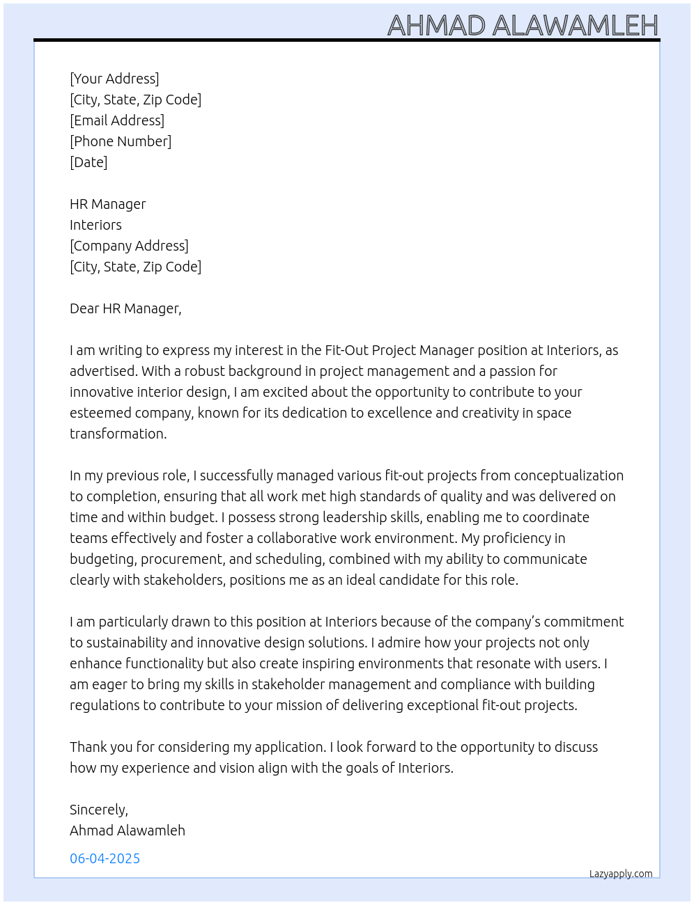 Cover letter for fit out project manager - LazyApply