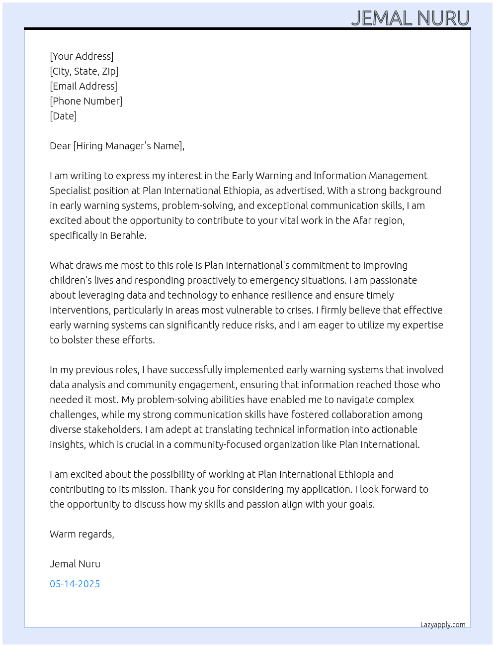 Cover letter for early warning and information management specialist ...