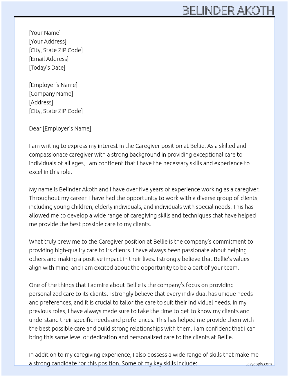 Cover letter for care giver biography - LazyApply