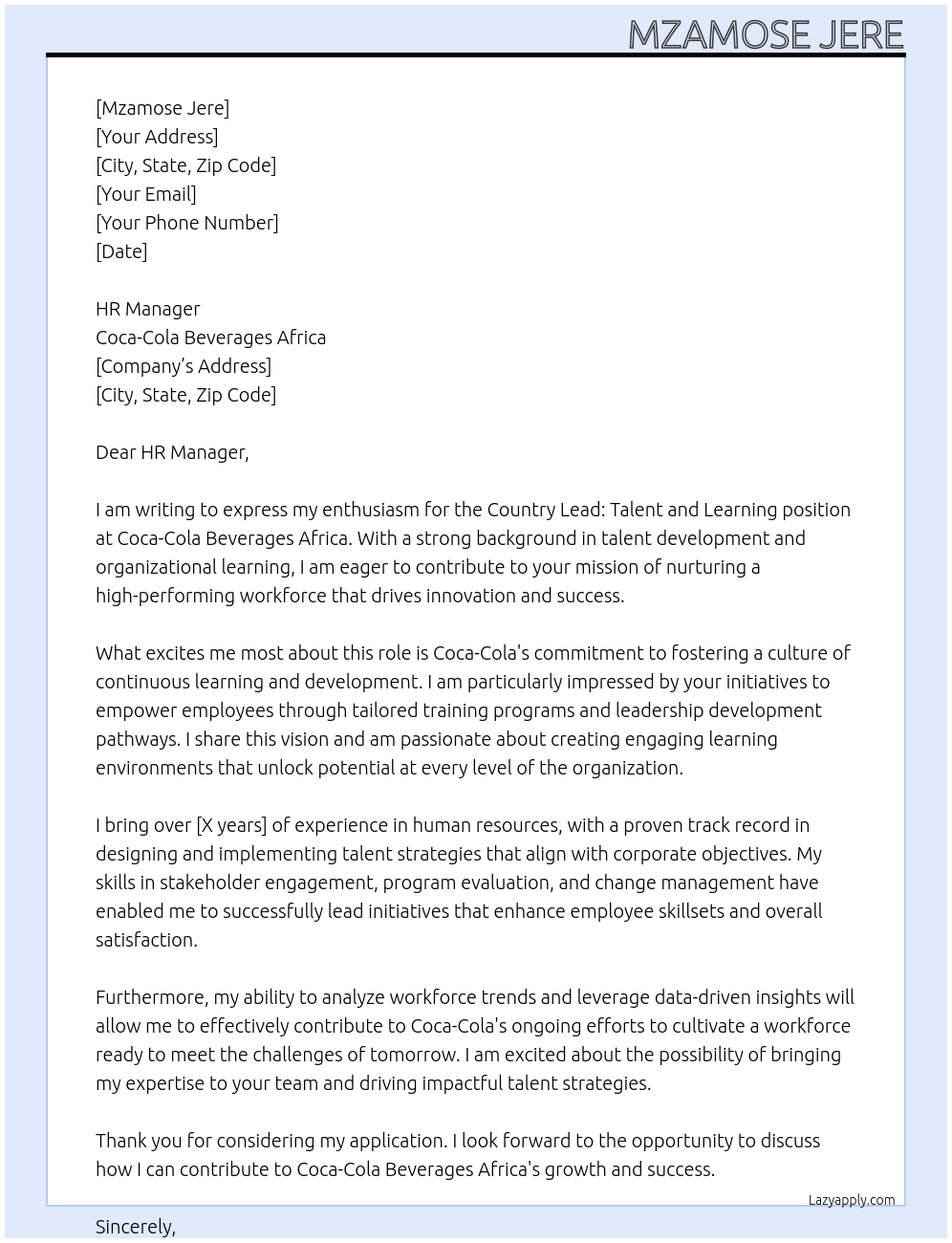 Cover letter for country lead: talent and learning - LazyApply