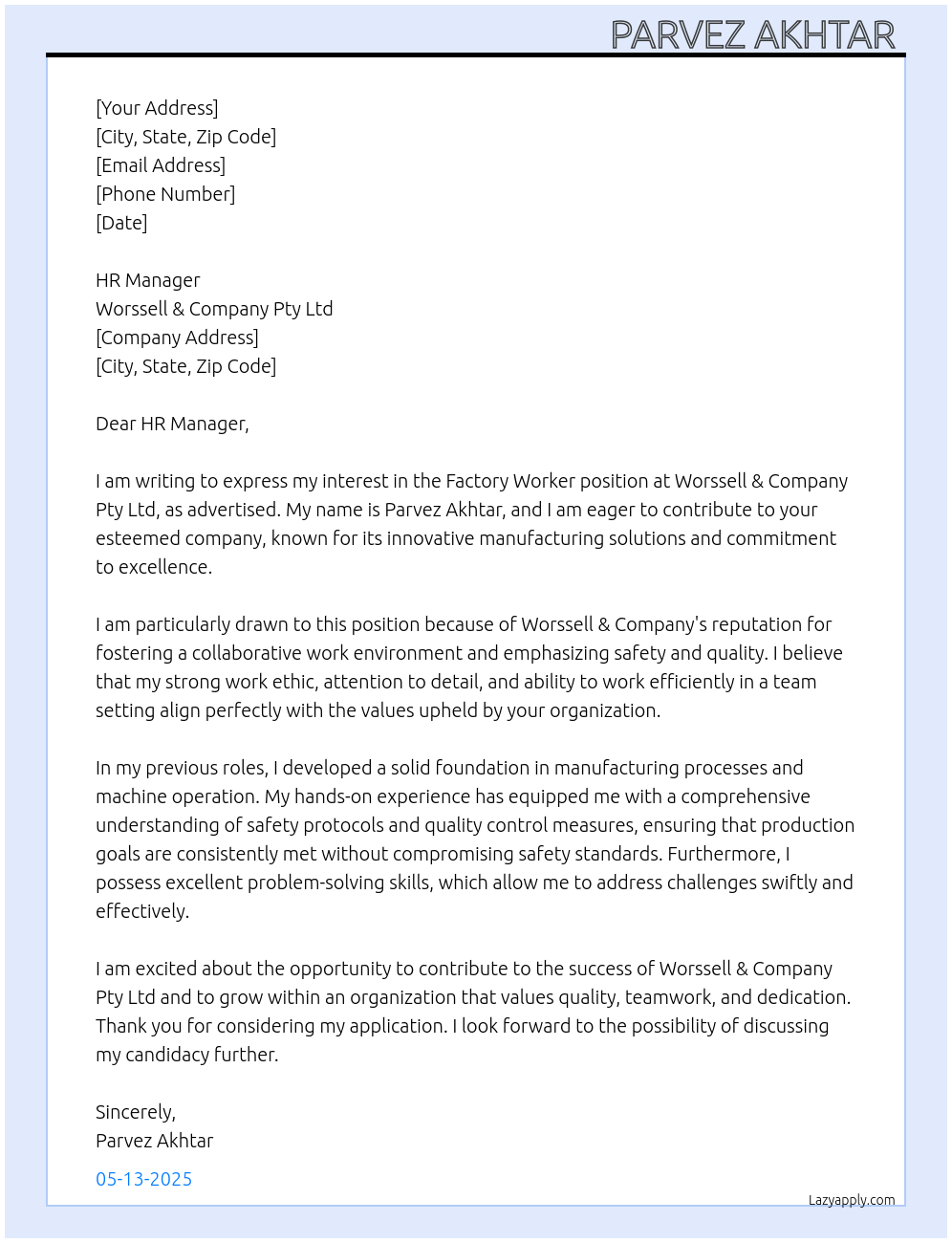 Cover letter for factory worker - LazyApply