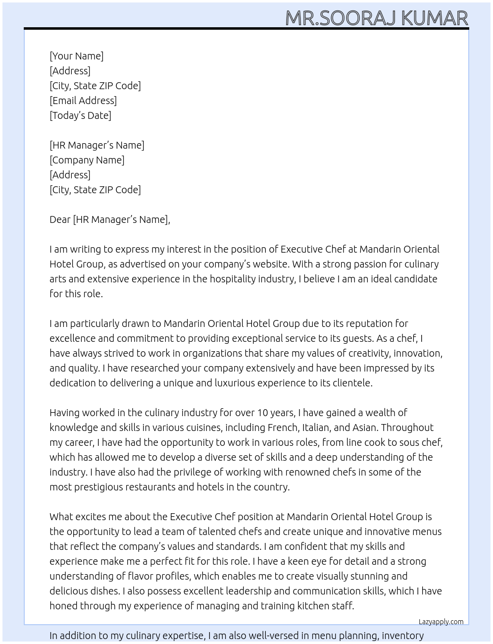 Cover letter for executive chef - LazyApply