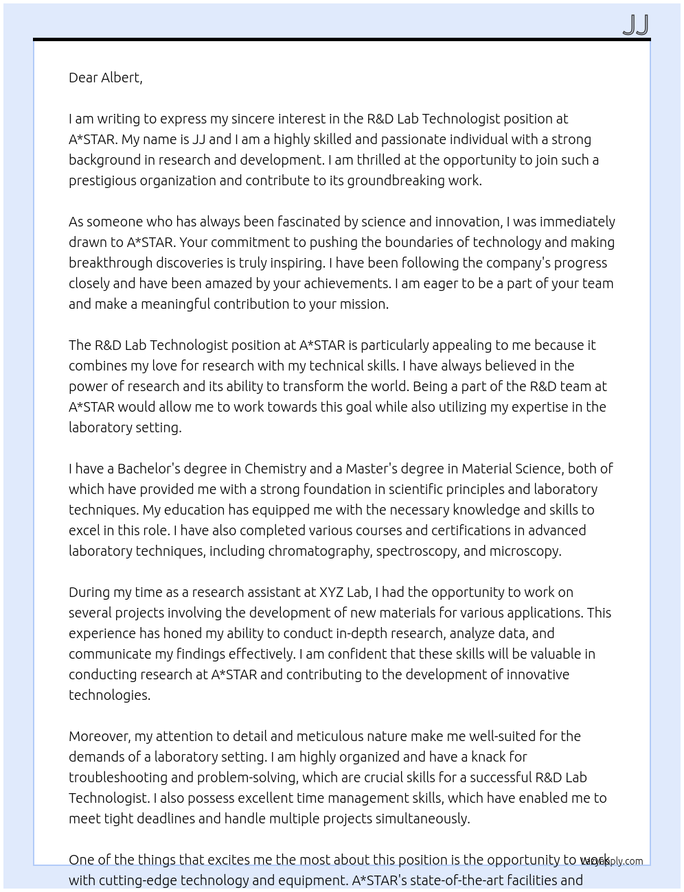Cover letter for r&d lab technologist - LazyApply