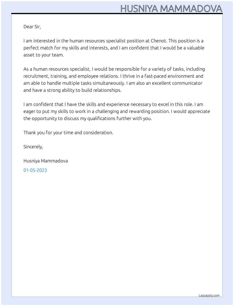 Cover Letter For Human Resources Specialist LazyApply