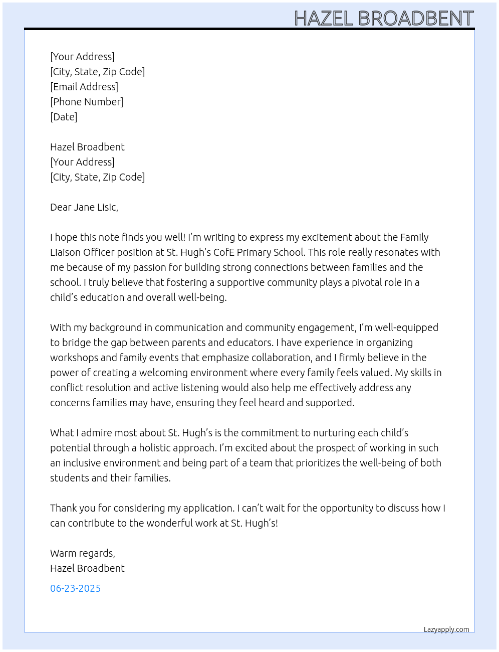 Cover letter for family liason officer - LazyApply