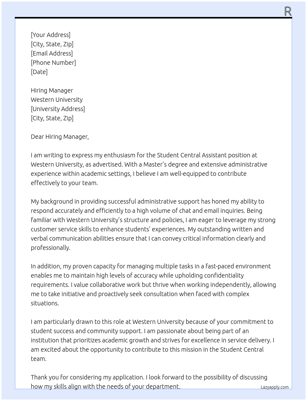 Cover letter for student central assistant - LazyApply