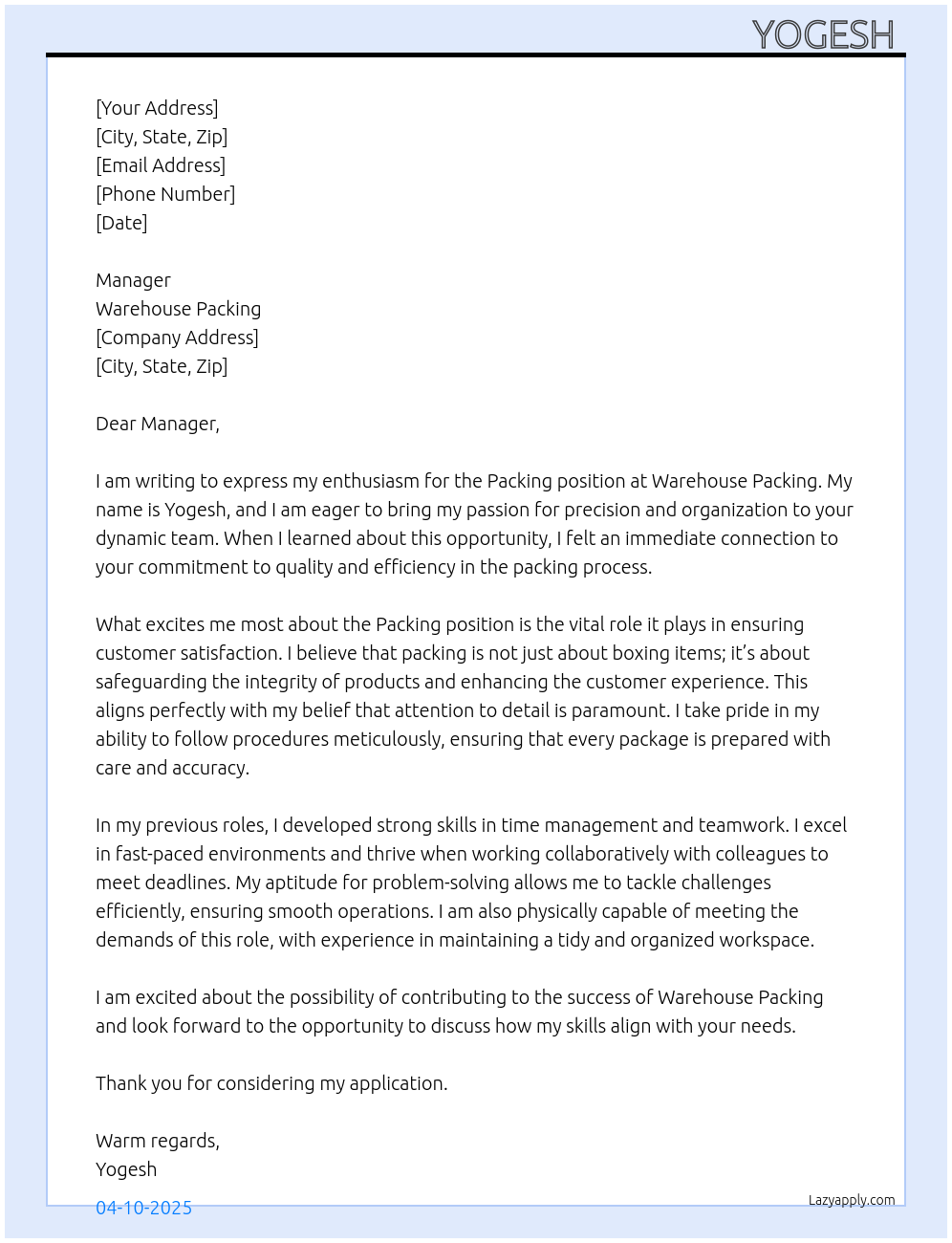 Cover letter for packing - LazyApply