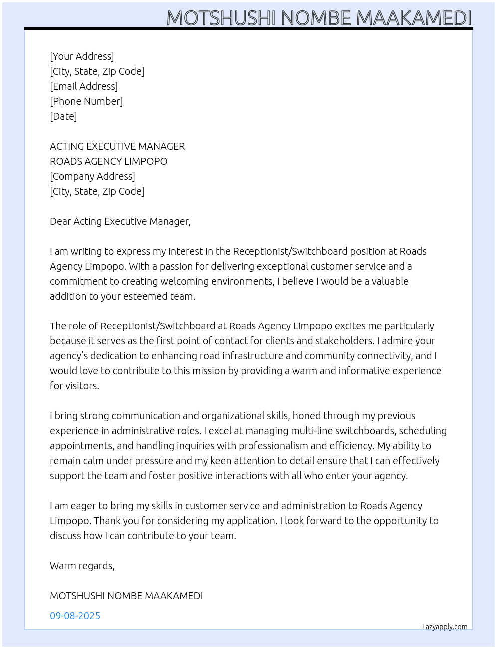 Cover letter for receptionist/switchboard - LazyApply