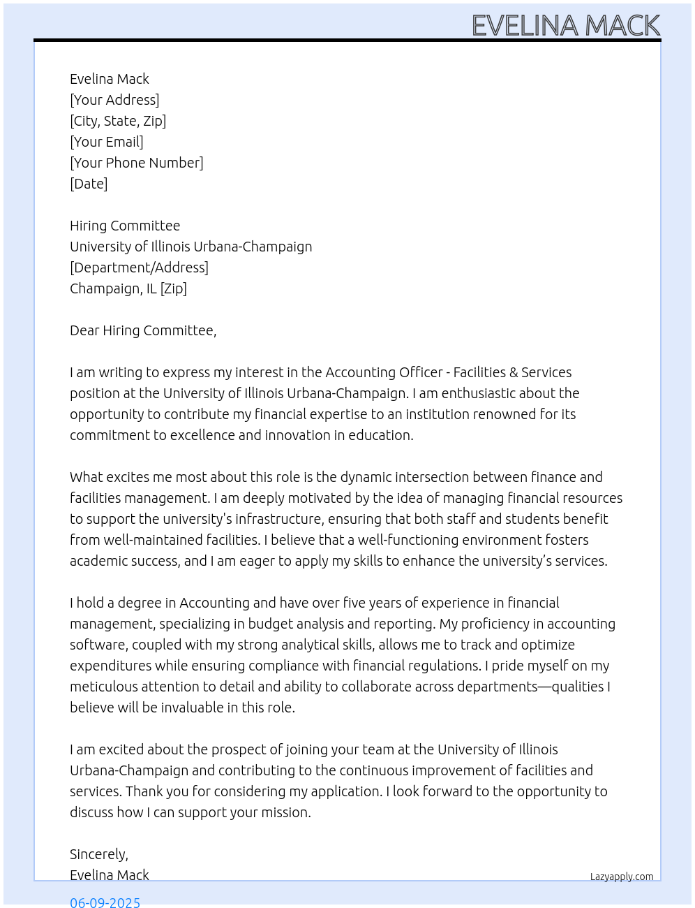 Cover letter for accounting officer - facilities & services - LazyApply