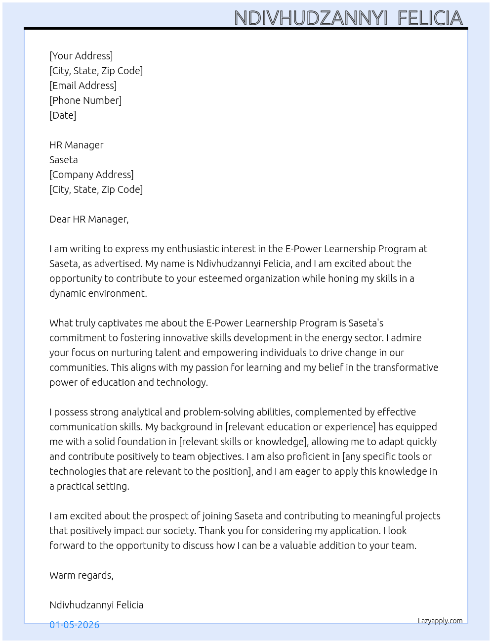 Cover letter for e-power ?learnership program - LazyApply