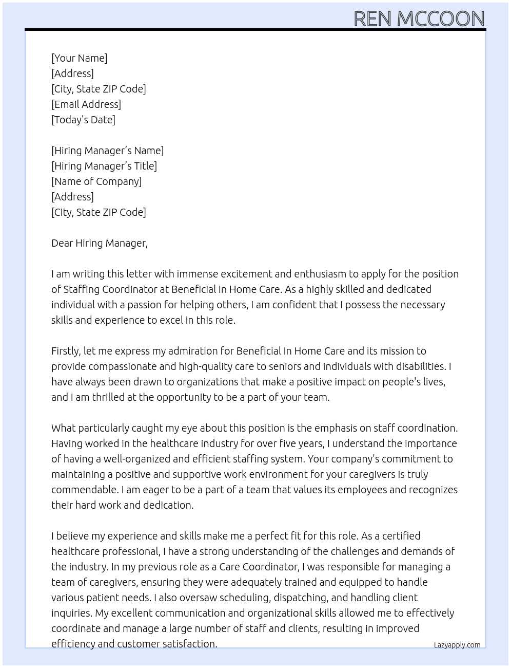 Cover letter for staffing coordinator - LazyApply
