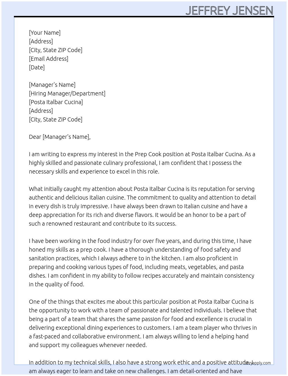 Cover letter for prep cook - LazyApply