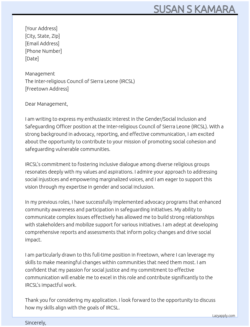 Cover letter for gender/social inclusion and safeguarding officer ...