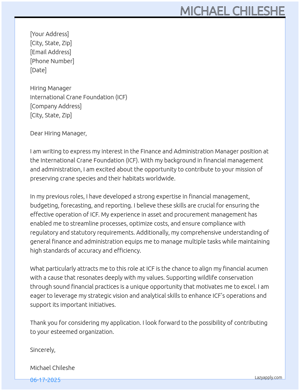 Cover letter for finance and administration manager - LazyApply