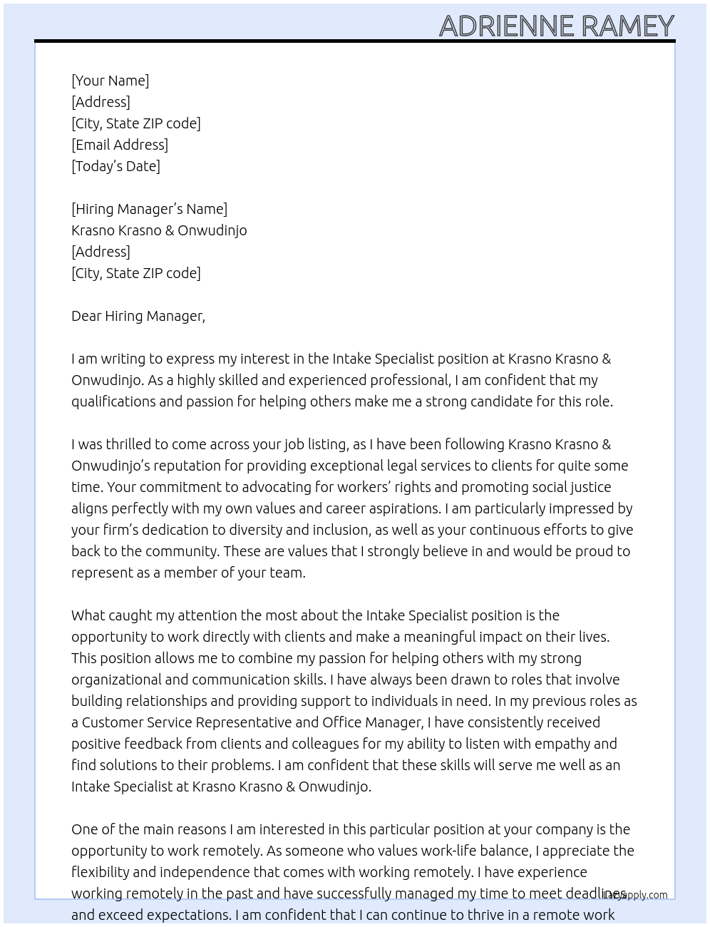 Cover letter for intake specialist - LazyApply