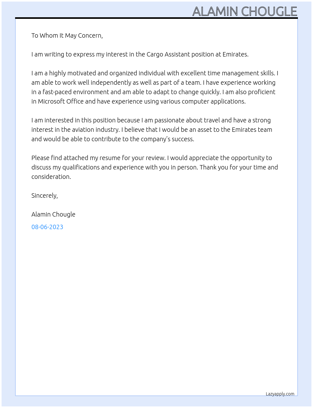 Cover letter for cargo assistant - LazyApply
