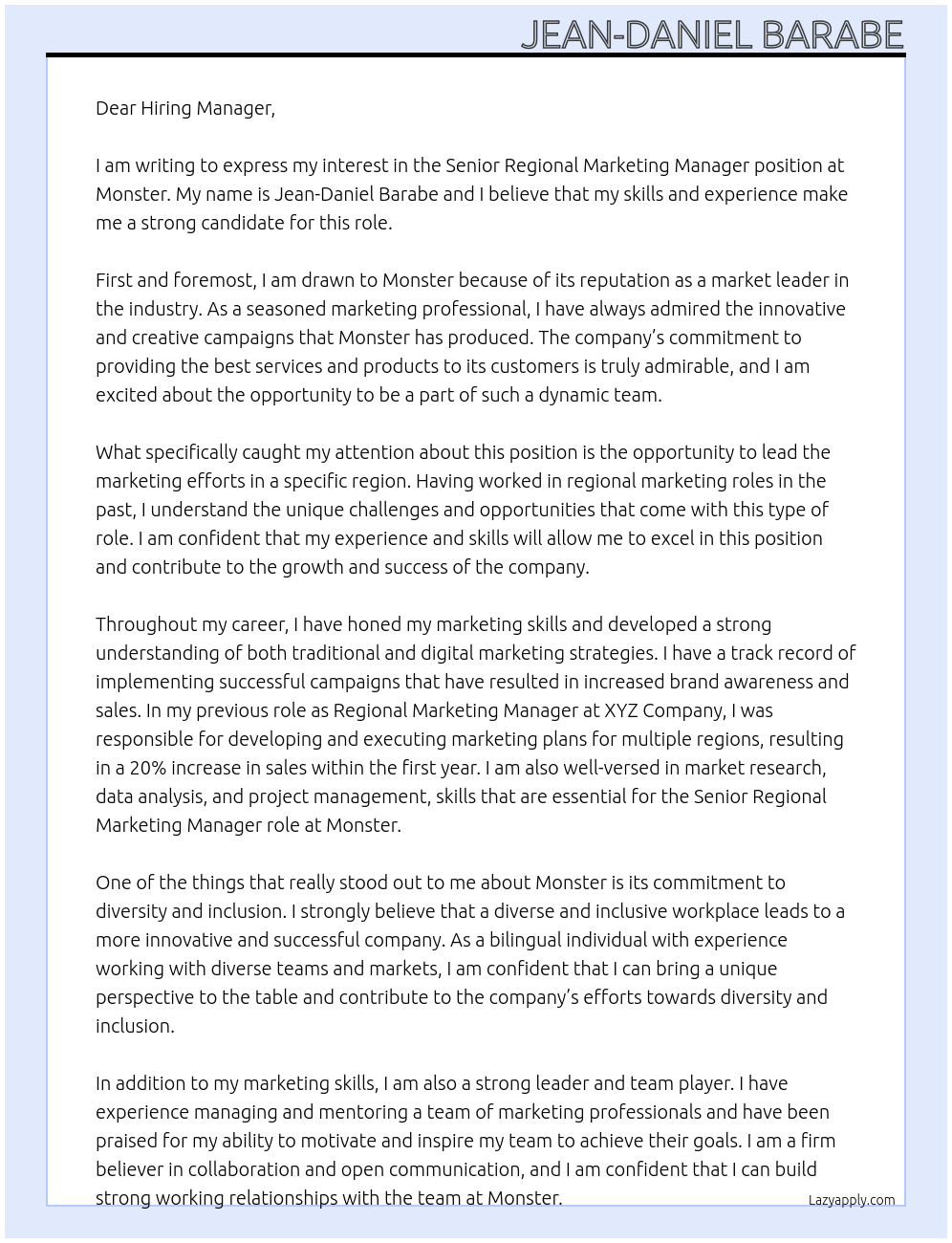 Cover letter for senior regional marketing manager - LazyApply