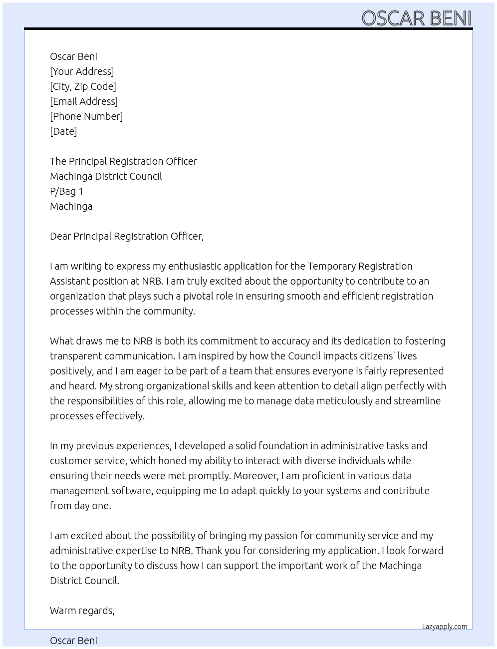 Cover letter for temporary registration assistant - LazyApply
