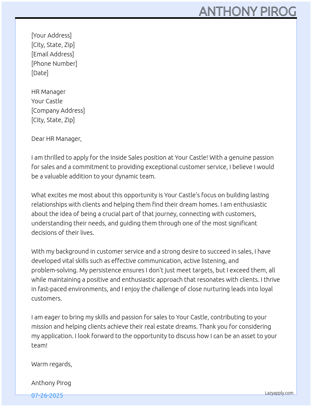Cover letter for inside sales - LazyApply