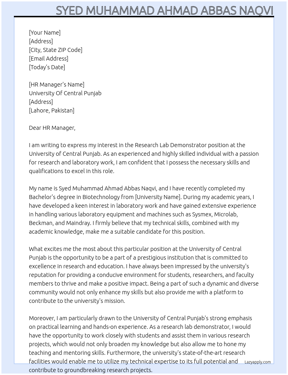 Cover letter for research lab demonstrator - LazyApply
