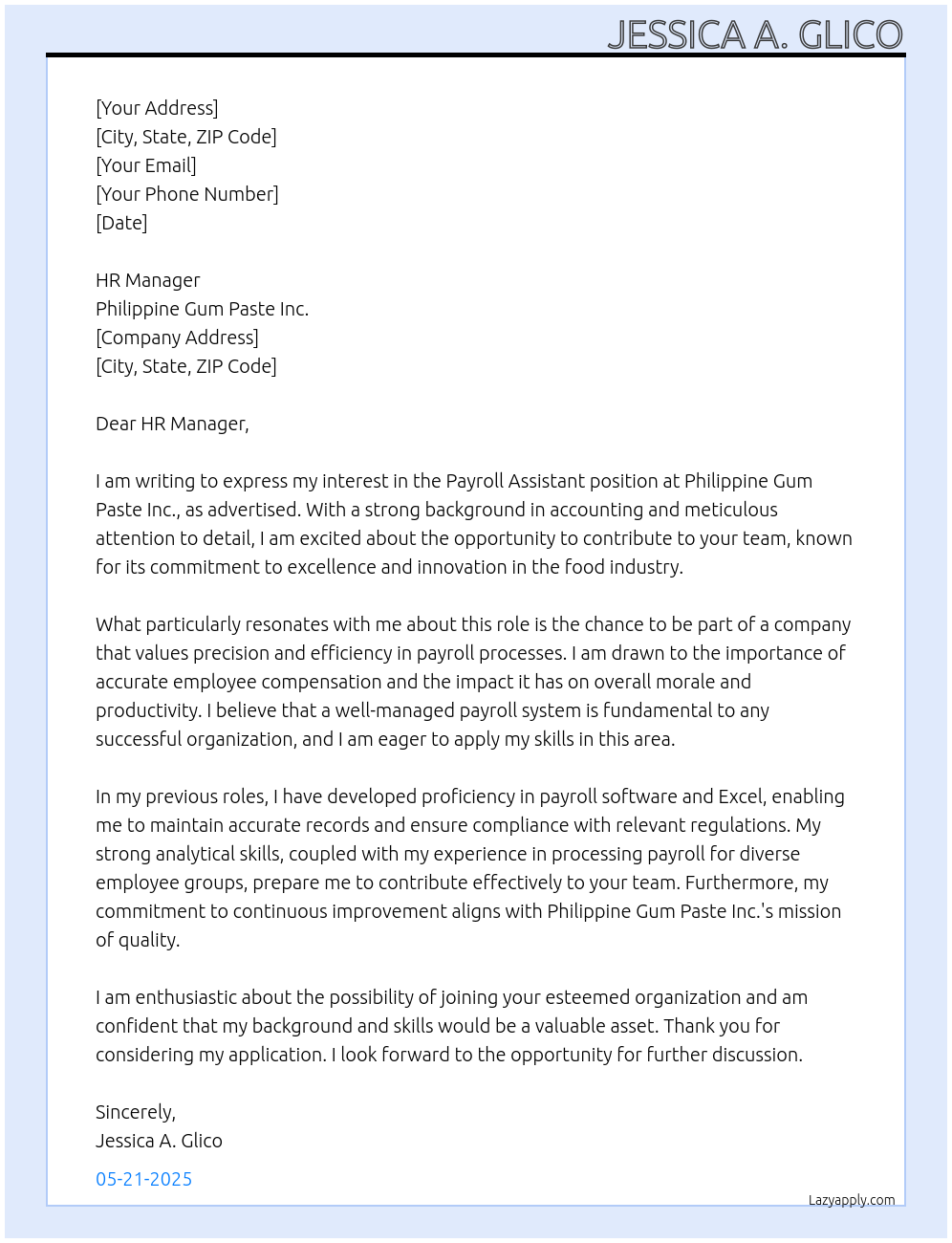 Cover letter for payroll assistant - LazyApply
