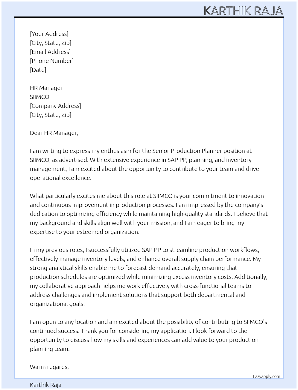 Cover letter for senior production planner - LazyApply